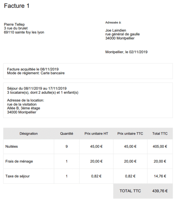 Modèle facture de location saisonnière gratuit à télécharger